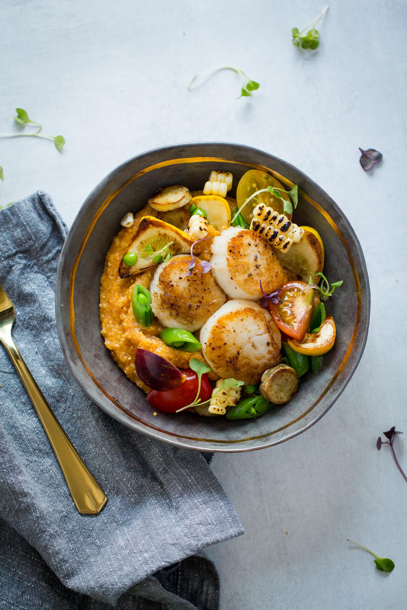 Roasted Red Pepper Polenta Bowls with Seared Scallops - Le Petit Eats