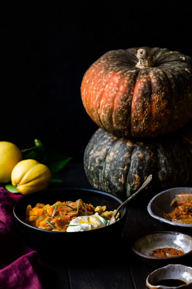 Kabocha Squash Risotto with Kimchi and Poached Egg - Le Petit Eats