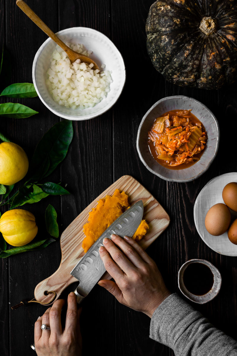 Kabocha Squash Risotto with Kimchi and Poached Egg - Le Petit Eats