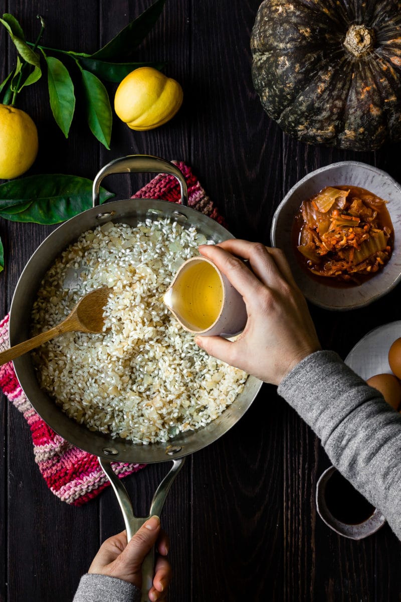 Kabocha Squash Risotto with Kimchi and Poached Egg - Le Petit Eats