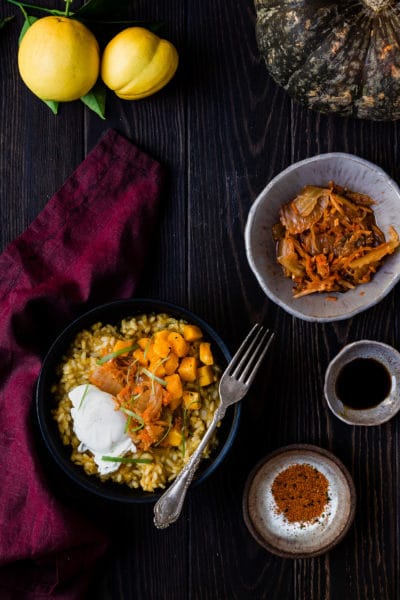 Kabocha Squash Risotto with Kimchi and Poached Egg - Le Petit Eats