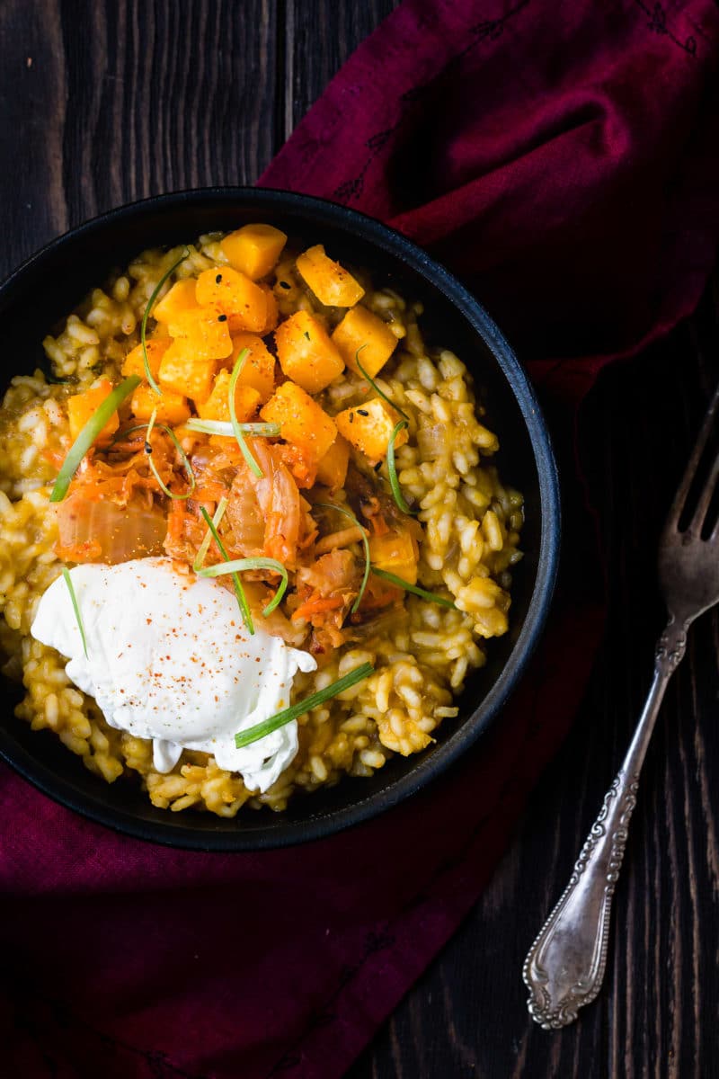 Kabocha Squash Risotto with Kimchi and Poached Egg - Le Petit Eats