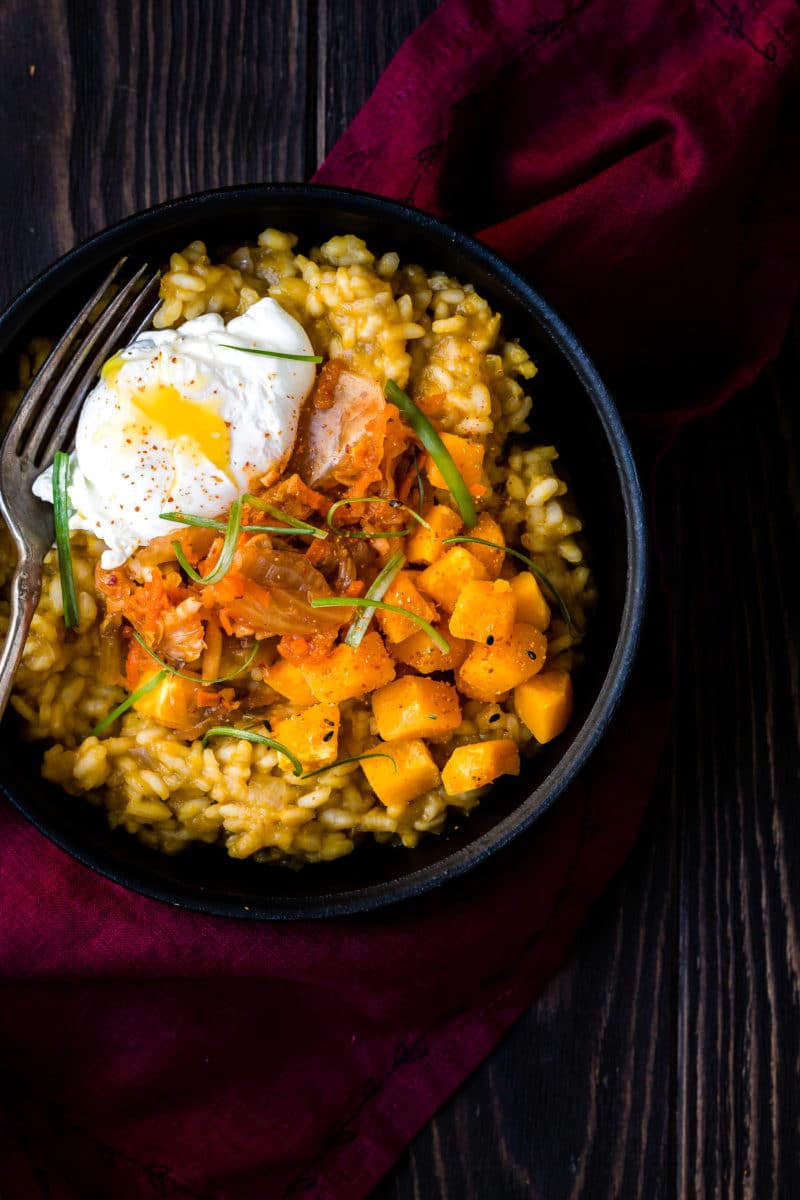 Kabocha Squash Risotto with Kimchi and Poached Egg - Le Petit Eats
