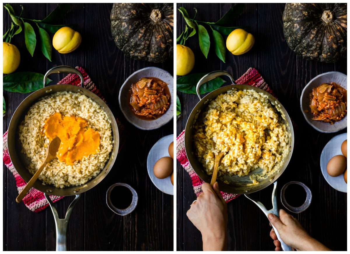Kabocha Squash Risotto with Kimchi and Poached Egg - Le Petit Eats