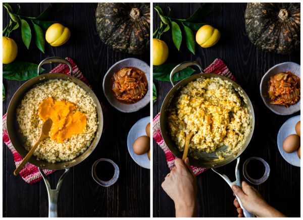Kabocha Squash Risotto with Kimchi and Poached Egg - Le Petit Eats
