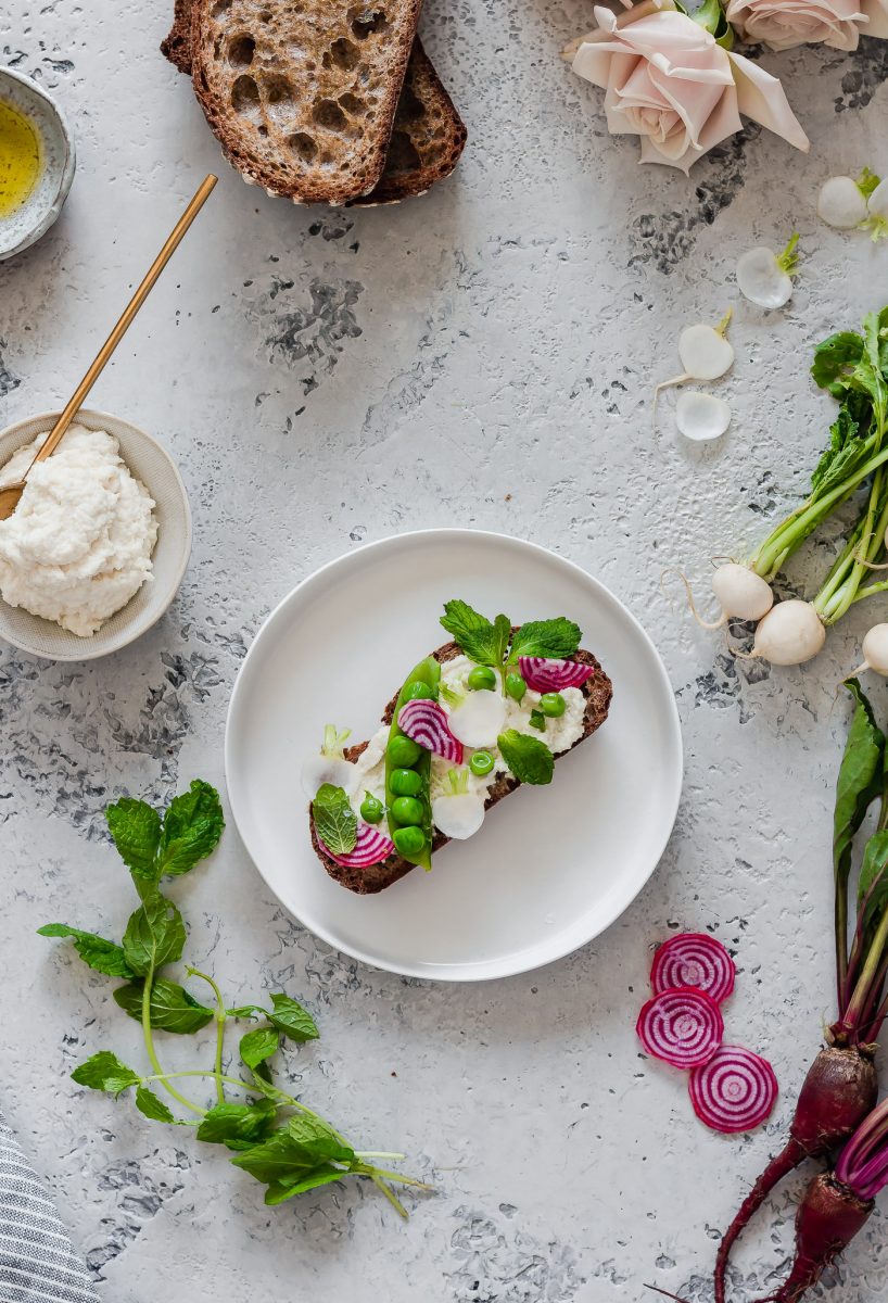 Vegan Spring Vegetable Crostini Recipe with Macadamia Ricotta